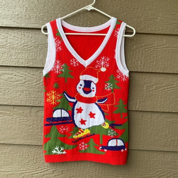 Jackets & Coats | Vintage Red Ugly Christmas Snowman Penguin Vest ...